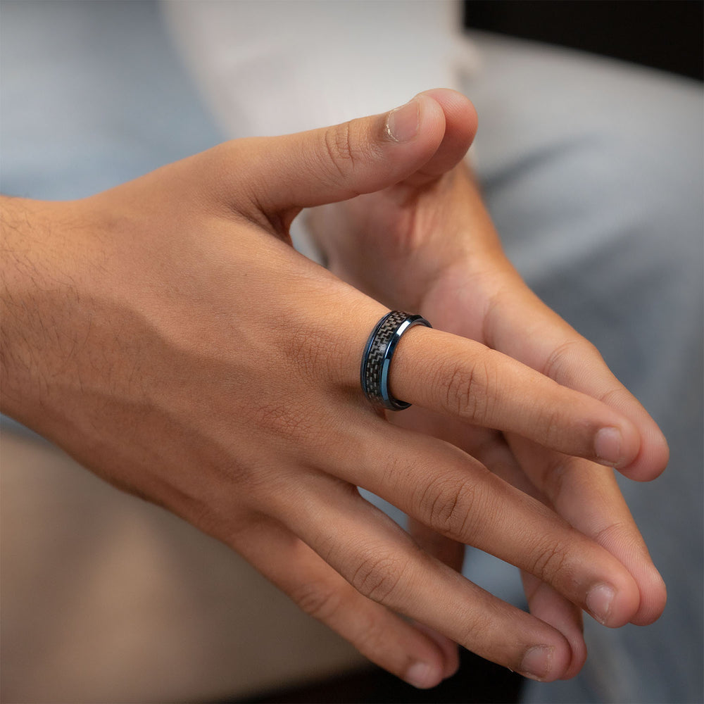 Flint Black On Blue Carbon Fiber Inlay Band Ring - Mesmerize India
