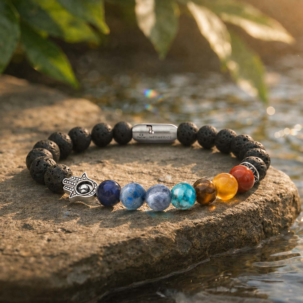 Lava 7 Chakra Natural Stone Hamsa Bracelet with MagSnap by Mesmeirze