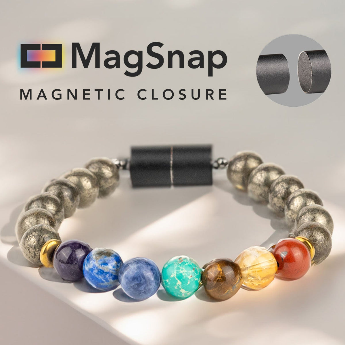Money Magnet Pyrite 7 Chakra Natural Stone Bracelet with Magsnap