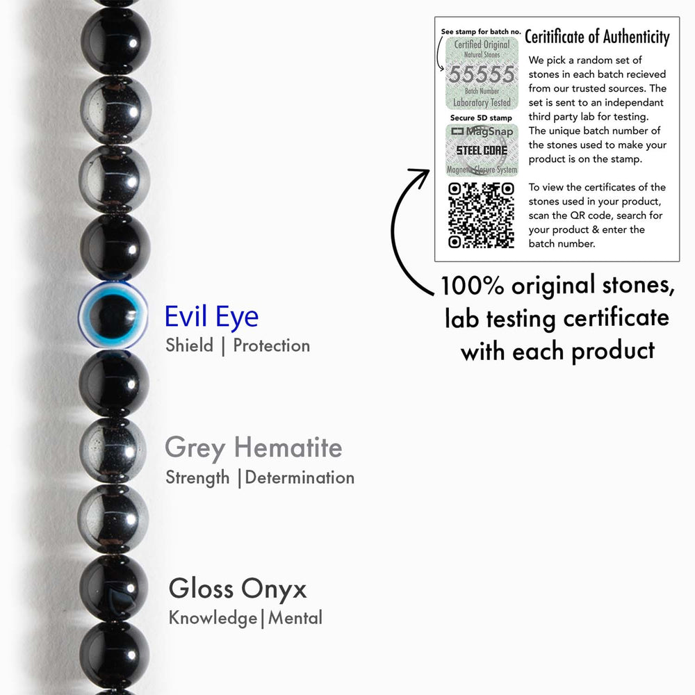 Evil Eye Hematite Natural Stone Bracelet with MagSnap FOR MEN by Mesmerise