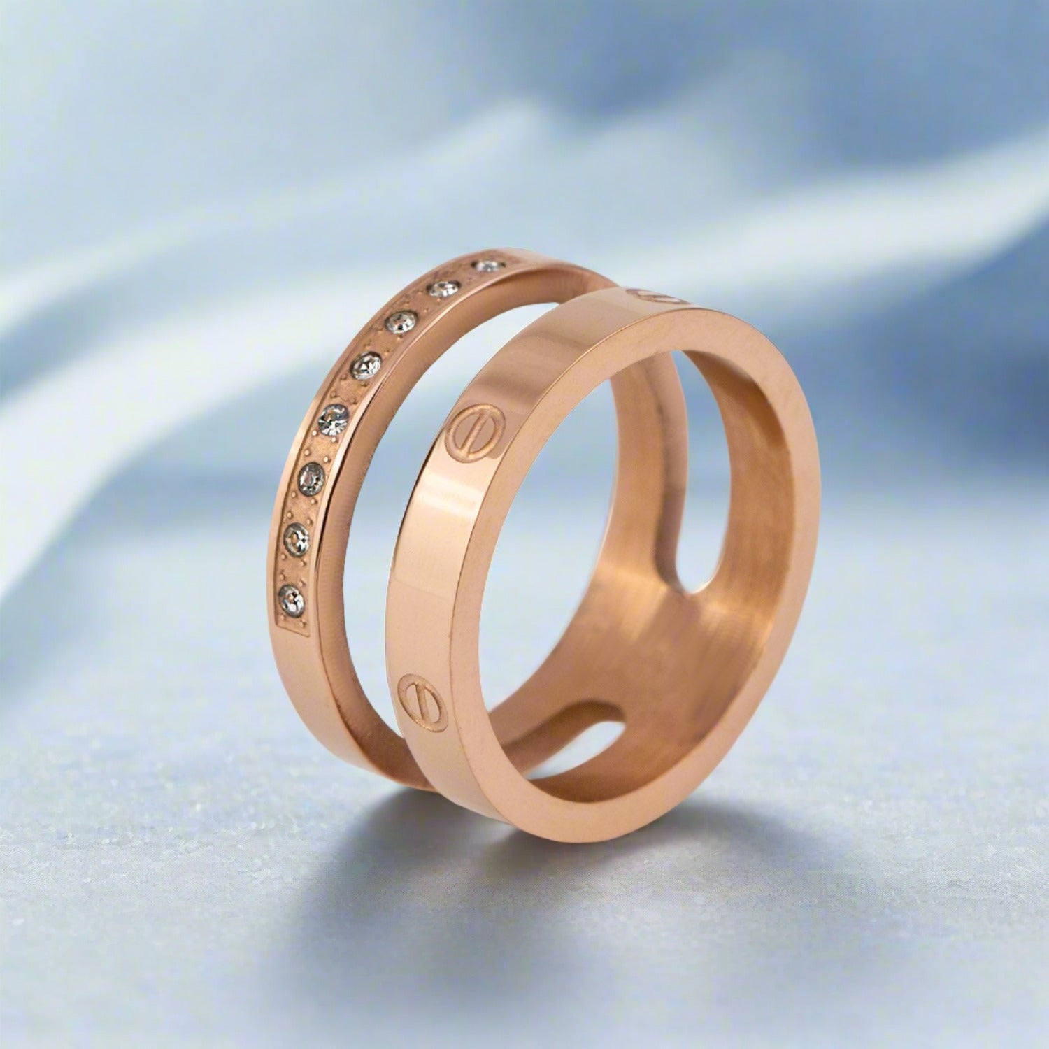 Rose Gold Dual Layer Diamond Stainless Steel Ring - Mesmerize India